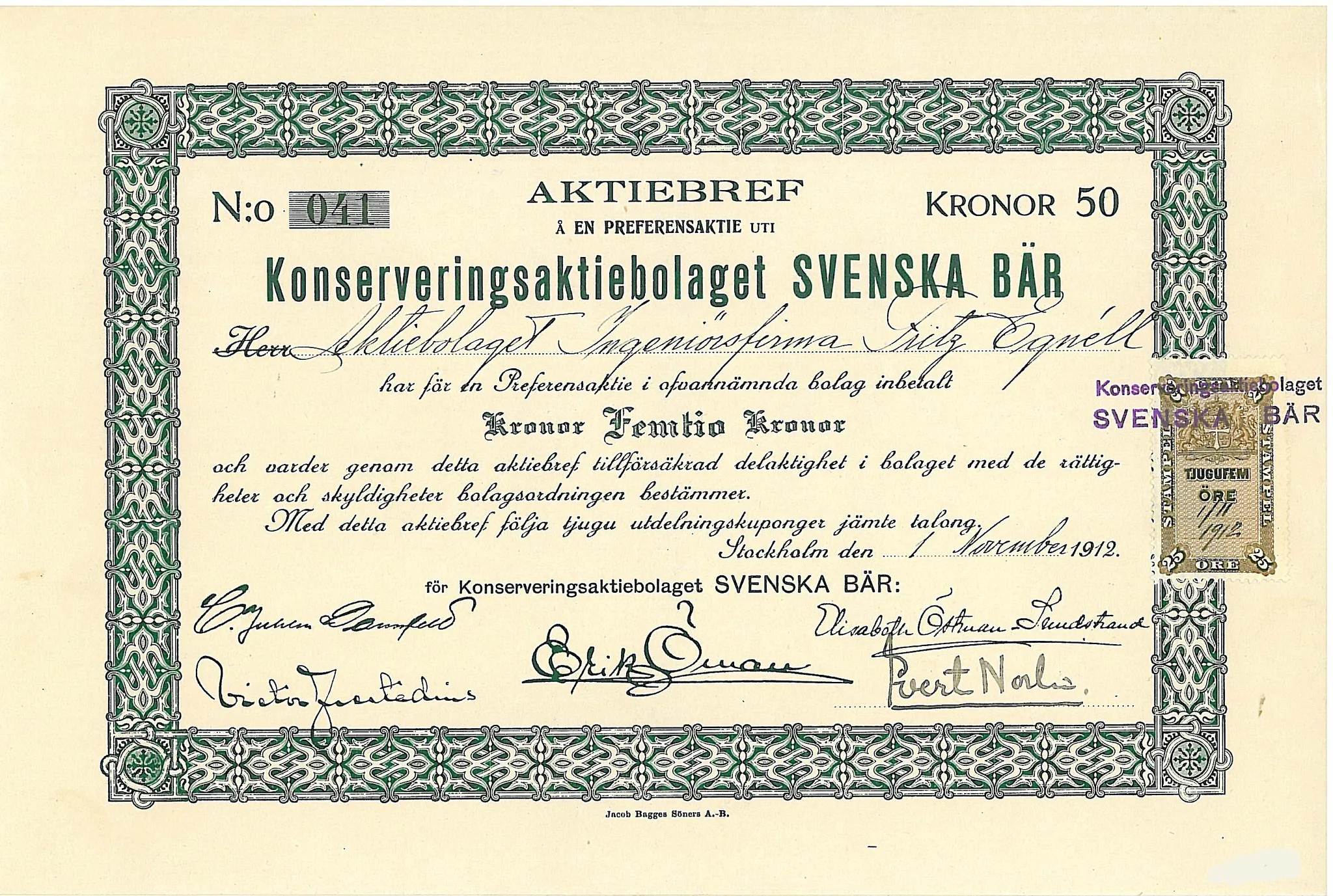 Konserv AB Svenska bär - Strandbergs Mynthandel o Aktiebrev