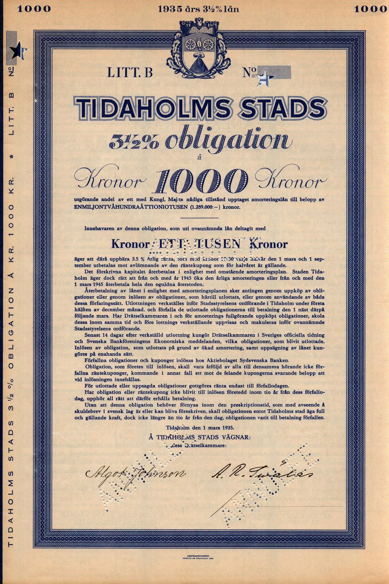 Tidaholms Stads Obligation - Strandbergs Mynthandel o Aktiebrev