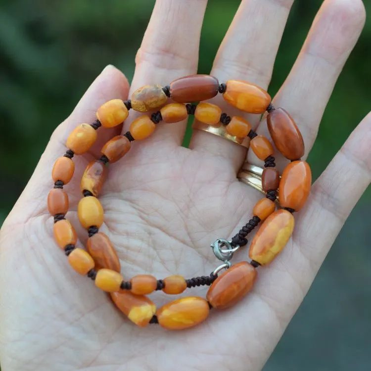Natural antique Danish amber necklace oval beads butterscotch egg yolk ...